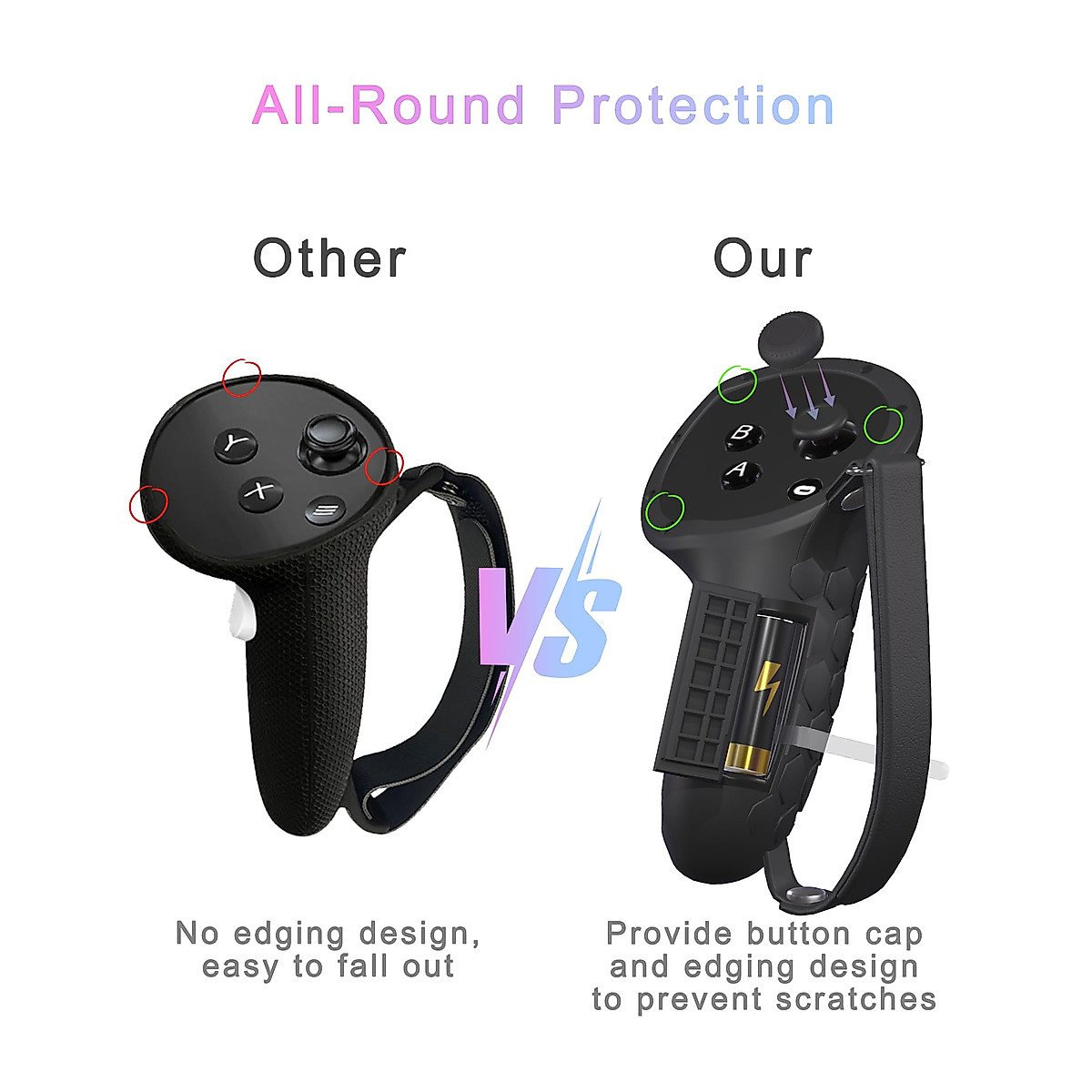 Lonxmovs Controller Grip Cover Compatible with Meta/Oculus Quest 3 Grips Cover for VR Touch Plus Controllers Covers Protector with Battery Opening Cover and Knuckle Straps(Black)