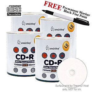 Smartbuy 400-disc 700mb/80min 52x CD-R White Thermal Hub Printable Blank Media Disc + Black Permanent Marker