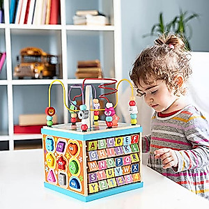 Qilay Wooden Activity Cube for Toddlers 1-3 (Large), 5 in 1 Multipurpose ABC-123 Abacus Bead Maze Shape Sorter | Early Educational Toy for Toddlers - First Birthday Present for Boys Girls