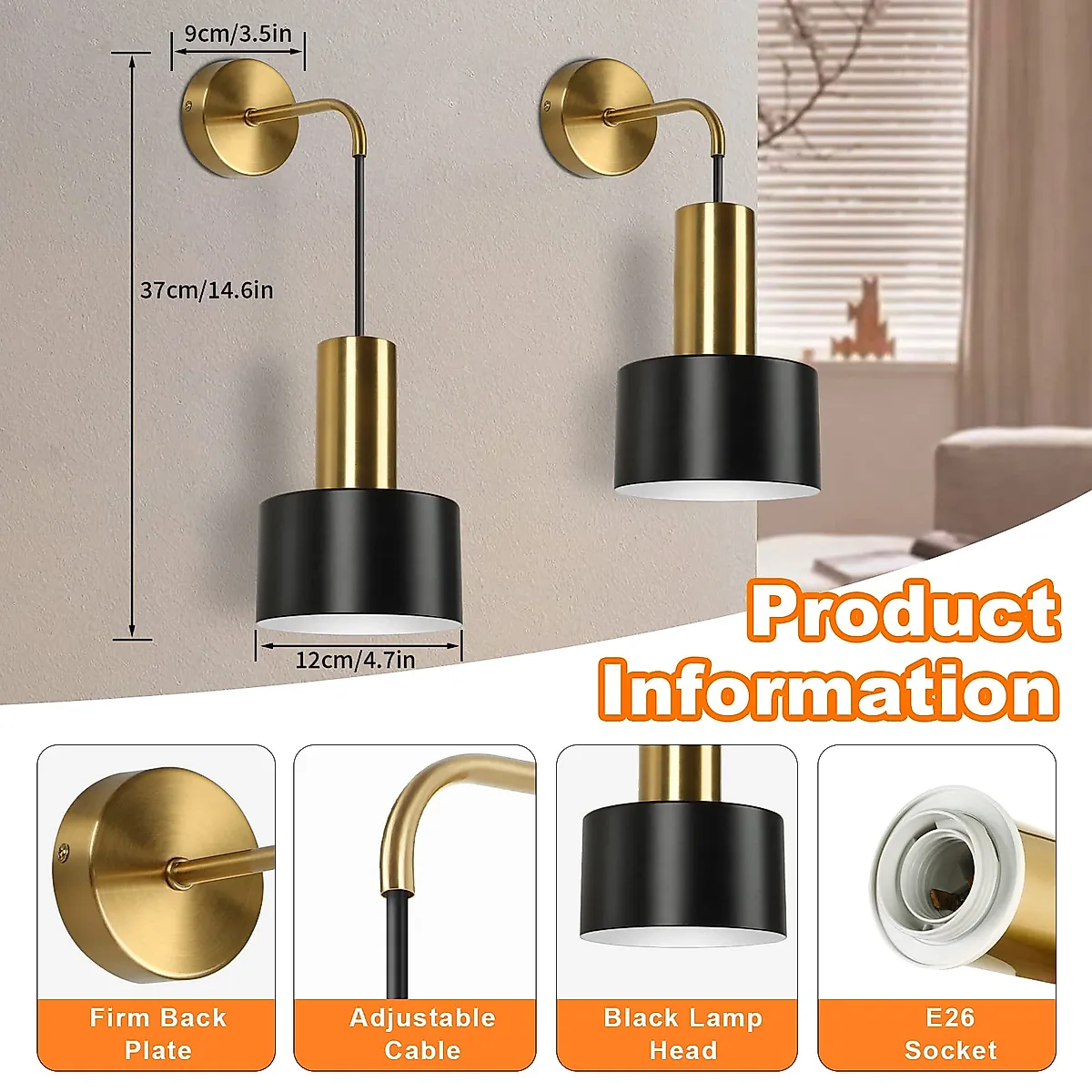 Set of 2 Battery Operated Wall Sconces, Wireless Wall Lights with Remote, Black & Gold Dimmable Wall Lamps with 3000K/4000K/6000K LED Bulbs, Modern Sconces Wall Decor for Bedroom Living Room Hallway