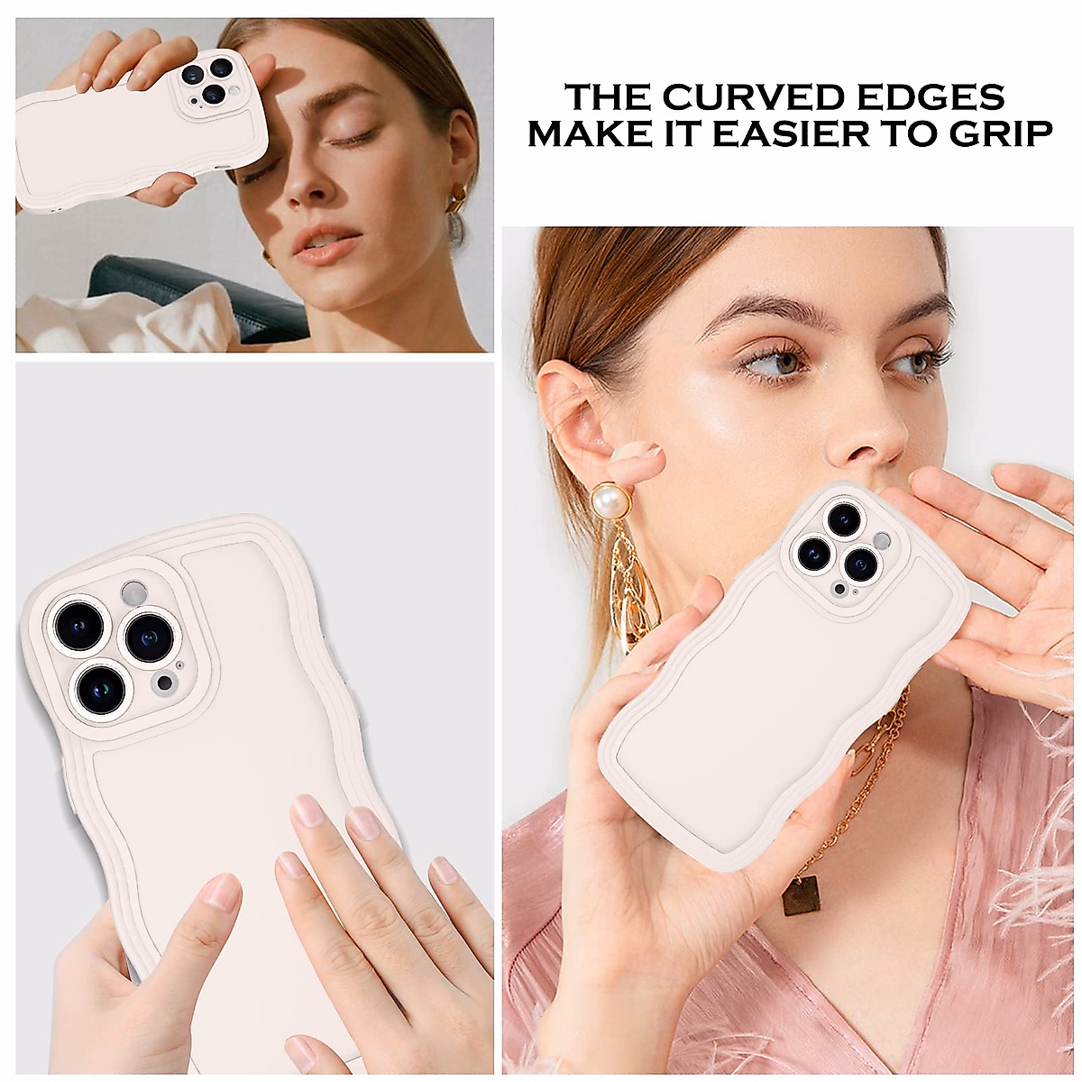 YINLAI Designed for iPhone 14 Pro Max Case 6.7 Inch, Cute Curly Wave Frame Shape Slim Soft Silicone Gel Rubber Phone Cover, TPU Bumper Women Girly Shockproof Protective Case, White/Stone