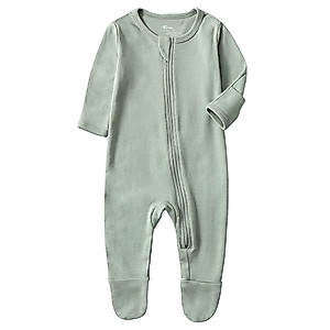 O2 BABY Baby Boys Girls Organic Cotton Zip Front Sleeper Pajamas, Footed Sleep 'n Play（0-3 Months, Sage）