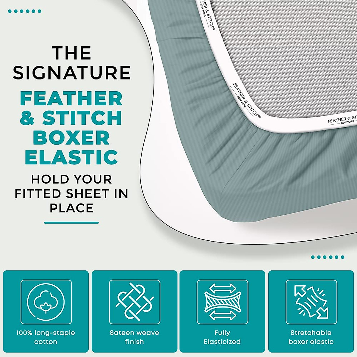 Feather & Stitch New York 1 Piece Fitted Sheet Full Size, 100% Cotton 18 inch Extra Deep Pocket, 500 Thread Count Premium Ultra Soft Sateen Weave, Elastic Fit Mattress Stretchable - Granite Green