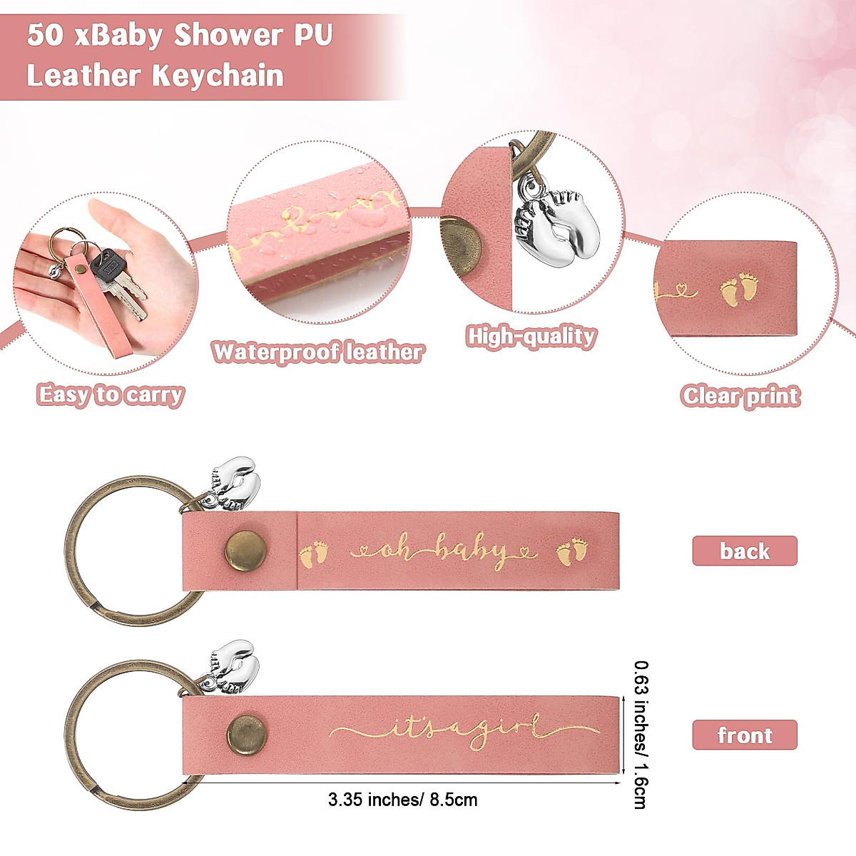 Ecally 50 Sets Baby Shower Favors for Guests PU Leather Keychain Bear Thank You Cards Organza Bags Gender Reveal Gifts (Pink, Girl Style)