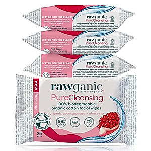 Rawganic Anti-aging Hydrating Facial wipes, Fragrance-free Biodegradable Organic Cotton Wipes with Pomegranate and Aloe Vera (set of 4)
