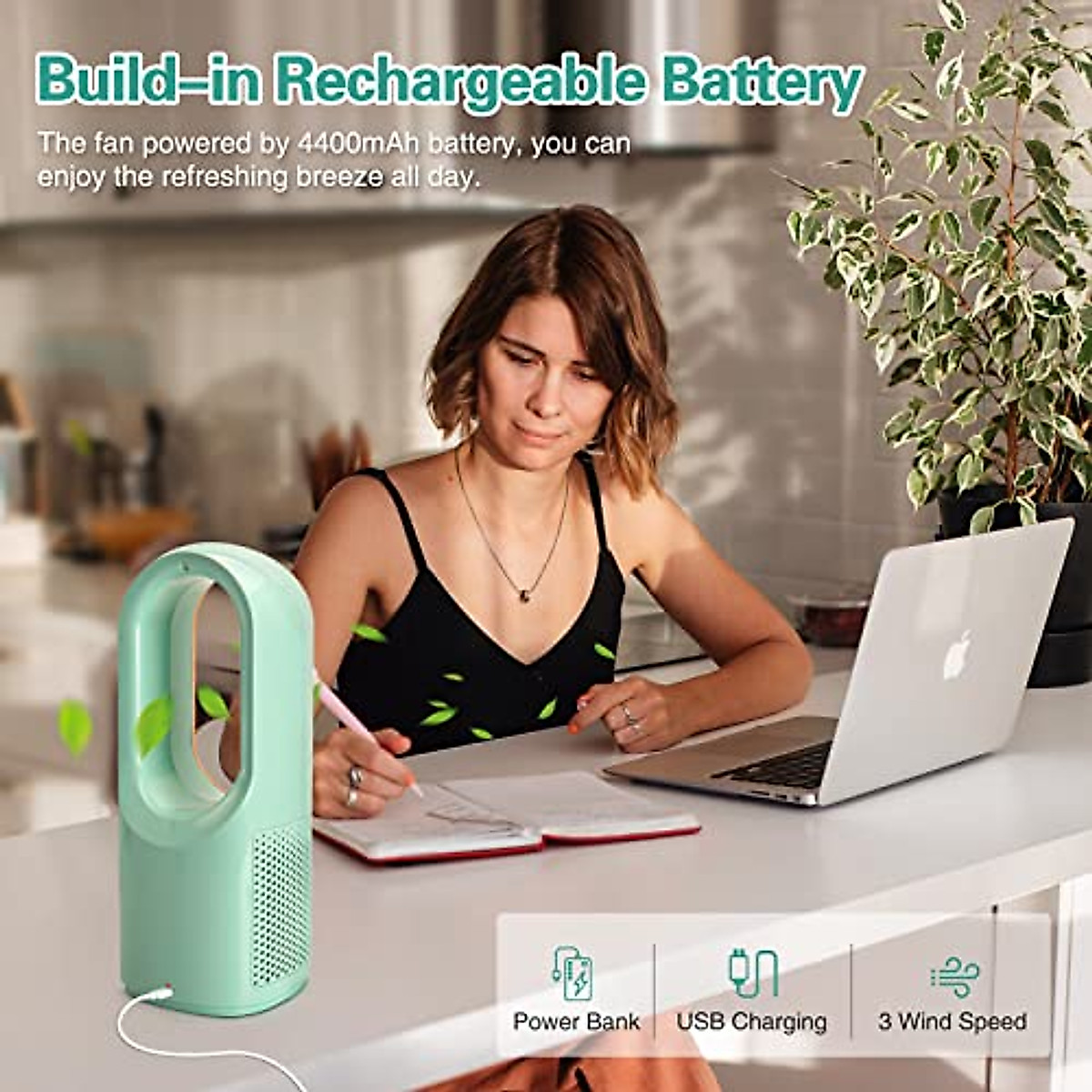 INMORVEN Portable Desk Fan, 11.8inch Battery Operated Bladeless Fan, Small Quiet USB Fan with 3-Speeds, Touch Control, Table Fan for Bedroom Office(Green)