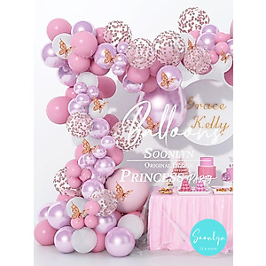Soonlyn Baby Shower Decorations for Girl 140 Pcs Pink Balloon Garland Butterfly Stickers 18 In 12 In 10 In 5 In Lilac Purple Chrome Rose Gold Confetti Balloon Arch Kit for Girl Birthday Party