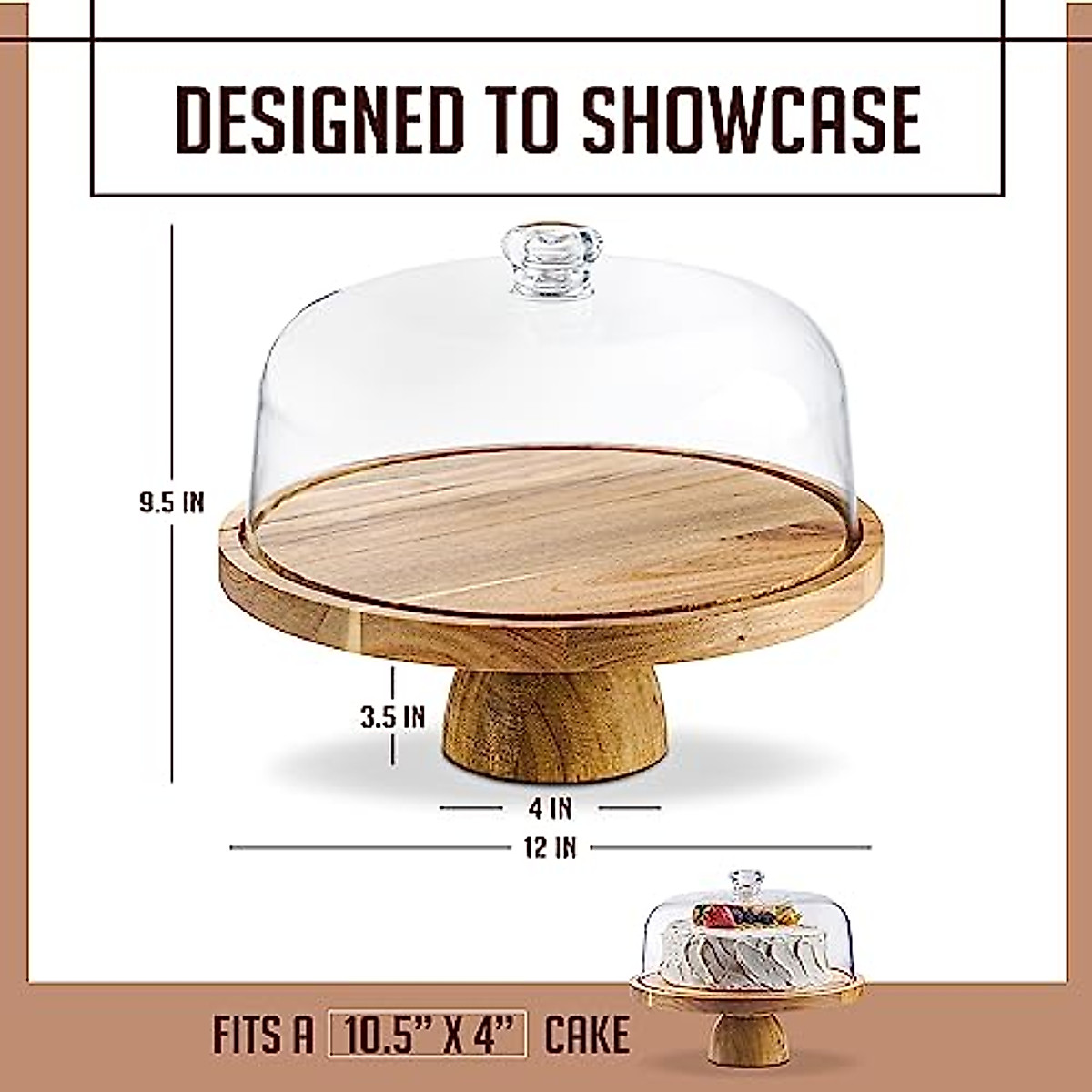 Cake Stand with Acrylic Dome Lid 2-in-1 Multifunctional Round Shatterproof Dessert Table Display Set with Acacia Wood Serving Platter, Veggie Tray, Fruit Bowl, Donut Stand, Nachos Plate by Homesphere