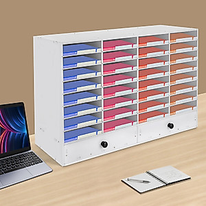 Literature Organizers 32 Compartment with 2 Drawers Office Mailbox with Adjustable Shelves 8-Tier Wood Literature Sorter for Office Home Classroom Mailrooms