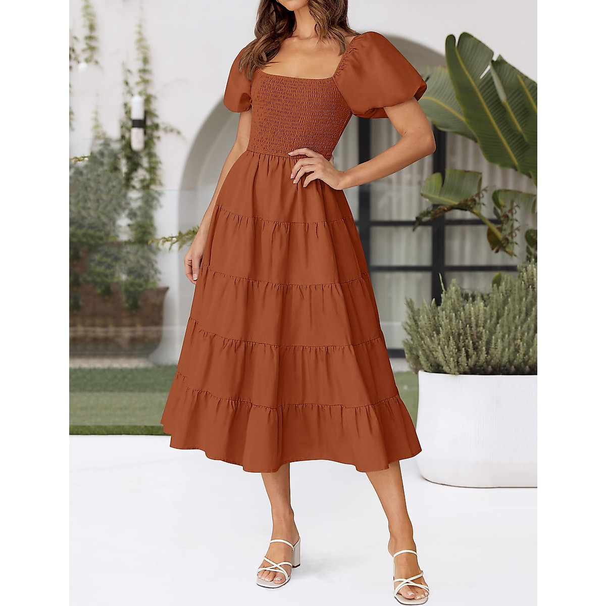 ZESICA Women's 2025 Summer Square Neck Short Puff Sleeve Solid Color High Waist Casual Smocked Flowy A Line Tiered Midi Dress,Rust,Small