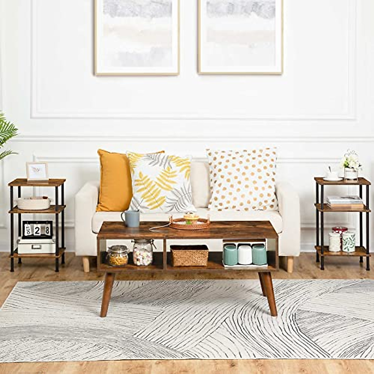 HOOBRO End Table, Set of 2, 3-Layer Tall Side Table, Nightstand for Small Space, Besides Table in Bedroom, Sofa Table for Living Room, Industrial Style, Easy Assembly Rustic Brown BF10BZP201