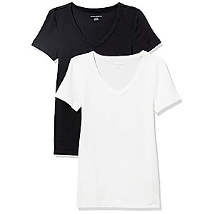 Amazon Essentials Women's Slim-Fit Short-Sleeve V-Neck T-Shirt, Pack of 2, Black/White, XX-Large