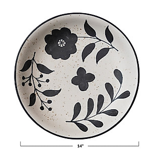 Creative Co-Op Hand Painted Stoneware Bowl with Floral Design, Black and White