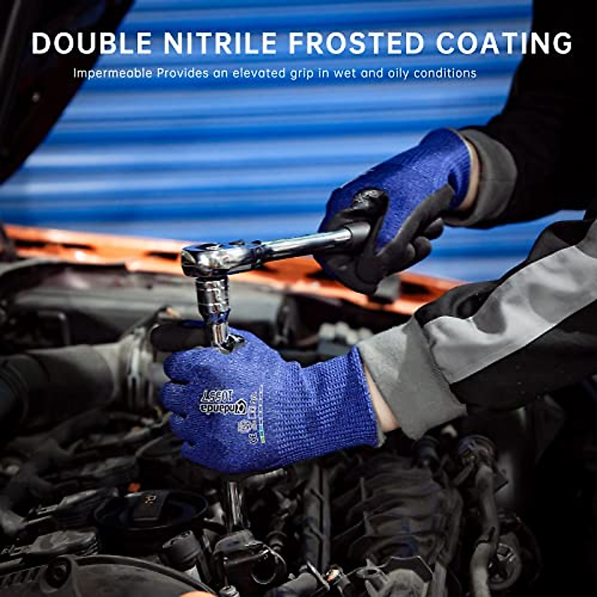 ANDANDA Cut Resistant Gloves Level 5, 3D Comfort Stretch Fit, Nitrile Sandy Finish Double Coated Work Gloves with Power Grip, Ideal Work Gloves for Handle Glass & Sharp Metal, Blue（L）,1Pair