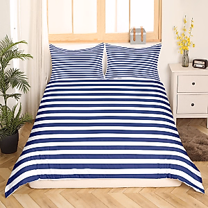 Erosebridal Navy Blue Stripe Duvet Cover King Size White Geometric Ticking Stripes Comforter Cover Farmhouse Horizontal Stripes Gothic Home Decor Quilt Cover Modern Abstract Striped Bedding Set