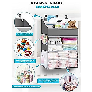 PHOTOONE Hanging Diaper Caddy Organizer - Crib Organizer–Spacious Baby Girl/Boy Diaper Organizer for Changing Table, Playpen, Wall- Hold 90+ Diapers- Nursery Baby Essentials Storage for Newborn, Gray