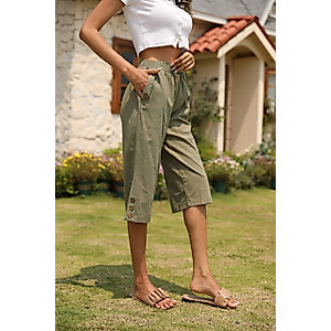 Veatzaer Elastic Waistband Pants Women Flowy Cropped Pants LightweightCrop PantswithPockets(Green,XL)