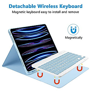 12.9 Keyboard Case 2022, 12.9" 6th/5th/4th/3rd (2022-2018) Gen Case with Keyboard, Wireless Bluetooth Magnetic Keyboards for 12.9" 2022 Case with Pencil Holder(Light Blue)