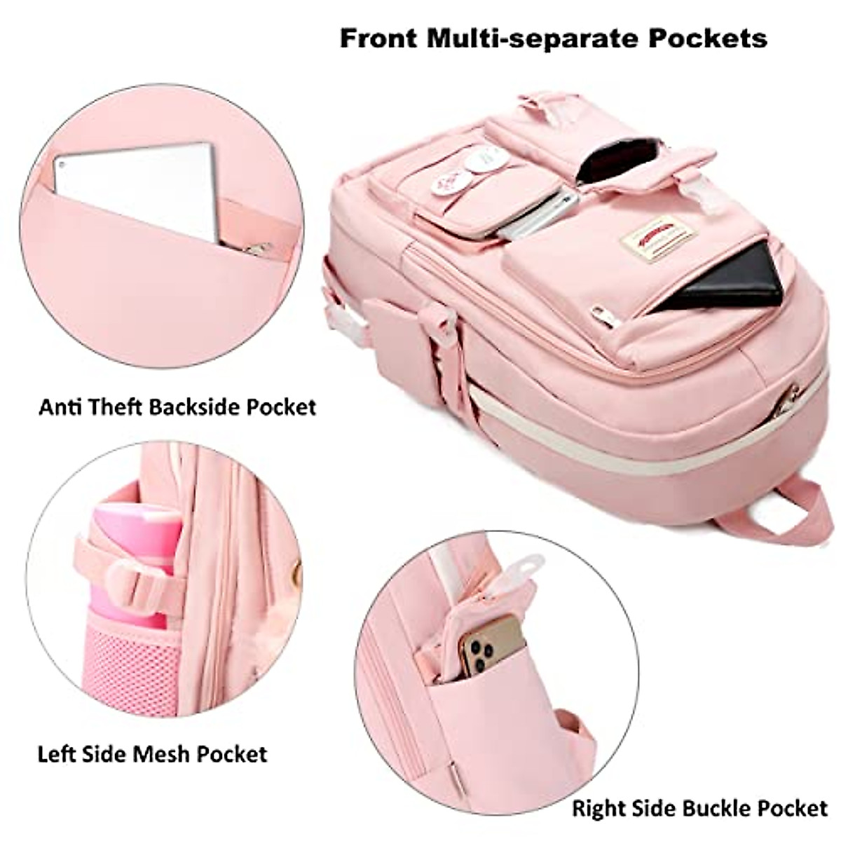 HIDDS Laptop Backpacks 15.6 Inch School Bag College Backpack Anti Theft Travel Daypack Large Bookbags for Teens Girls Women Students (Pink)