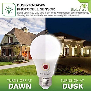 Bioluz LED 3 Pack Dusk to Dawn A19 Bulb Auto On/Off 60W Replacement 9W Photocell Photosensor Instant ON and 3 Min Delay OFF 3000K Soft White Indoor/Outdoor Lighting Lamp Garage Hallway Yard Porch UL