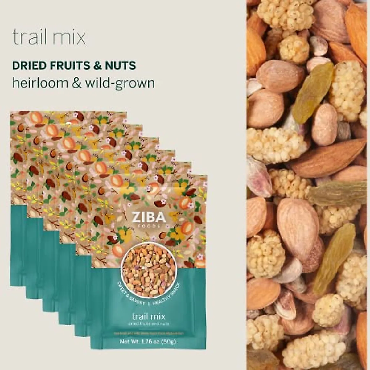 Ziba Foods Trail Mix - Sweet Apricot Kernels, Mulberries, Raisins, Almonds & Pistachios - Non-GMO, Vegan, Whole 30 Friendly & Paleo - High in Fiber, Iron & Antioxidants - Sweet & Savory, Pack of 6