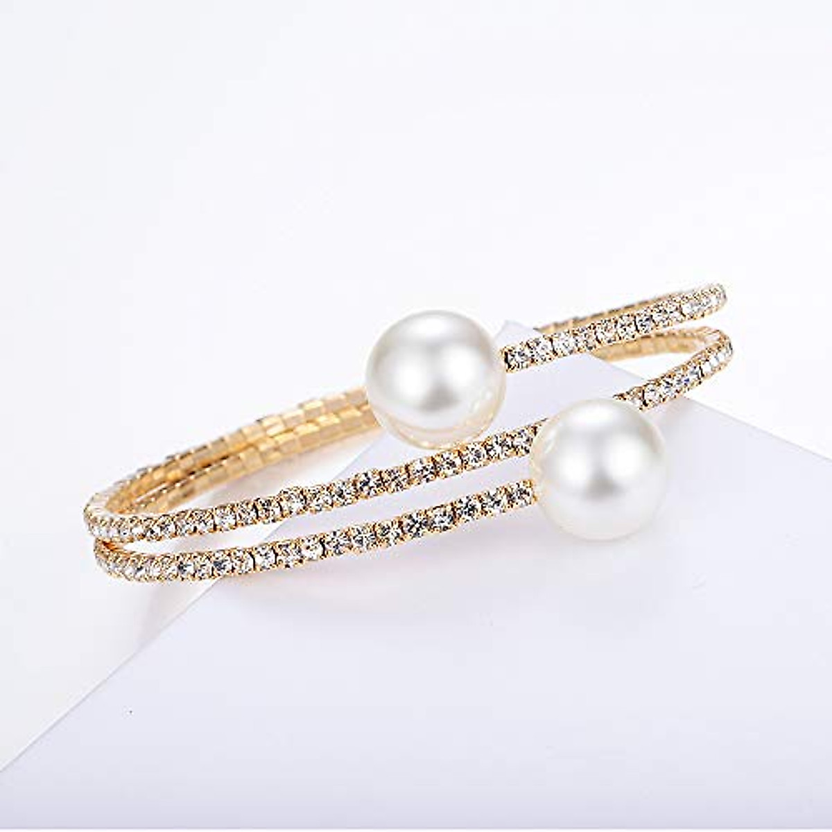 Handmade Crystal Pearl Elastic Bangle Gold Silver Multilayer Freshwater Pearl Bracelet Sparkling Stackable Crystal Bracelets for Women Wedding Jewelry