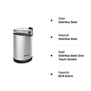 Krups Fast-Touch Stainless Steel Coffee and Spice Grinder 3oz, 85 gr bean hopper Easy to Use, One Touch Operation 200 Watts Coffee, Espresso, French Press, Spices, Dry Herbs, Nuts, 12 cups Silver