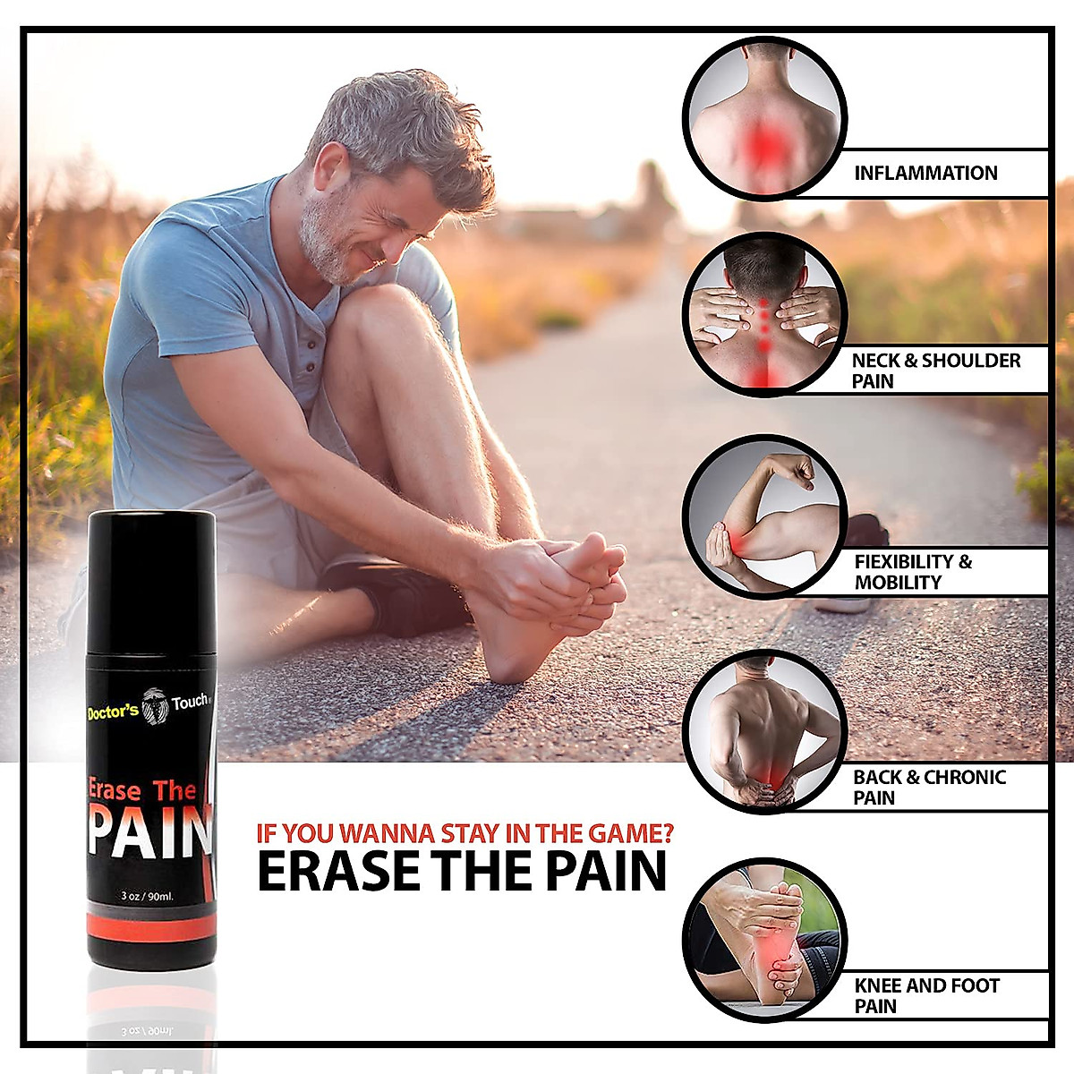 Doctor's Touch Erase The Pain Relief Roll On - Fast Acting Topical Pain Relief Roll On for Nerves, Joints, All Muscle Soreness and Discomfort - Roll on Muscle Pain Relief