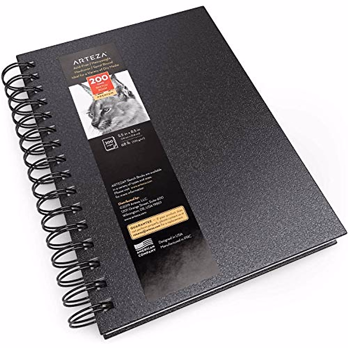 Arteza Small Sketch Book 5.5x8.5 Inches, Black Sketch Pad, 100 Sheets, 68 lb 100 GSM Paper, Hardcover Spiral-Bound Drawing Book, Use with Pencils, Charcoal, Pens, Crayons and Other Dry Media