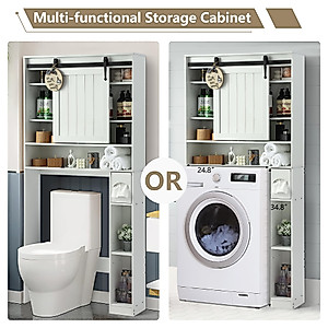 KIGOTY Over The Toilet Storage Cabinet, Bathroom Storage Organizer with Sliding Doors, Toilet Rack with Adjustable Shelf,Freestanding Space-Saving Storage Rack for Laundry Room,Bathroom,White