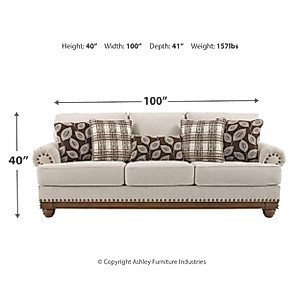 Signature Design by Ashley Harleson Modern Farmhouse Sofa with Nailhead Trim and 5 Accent Pillows, Beige