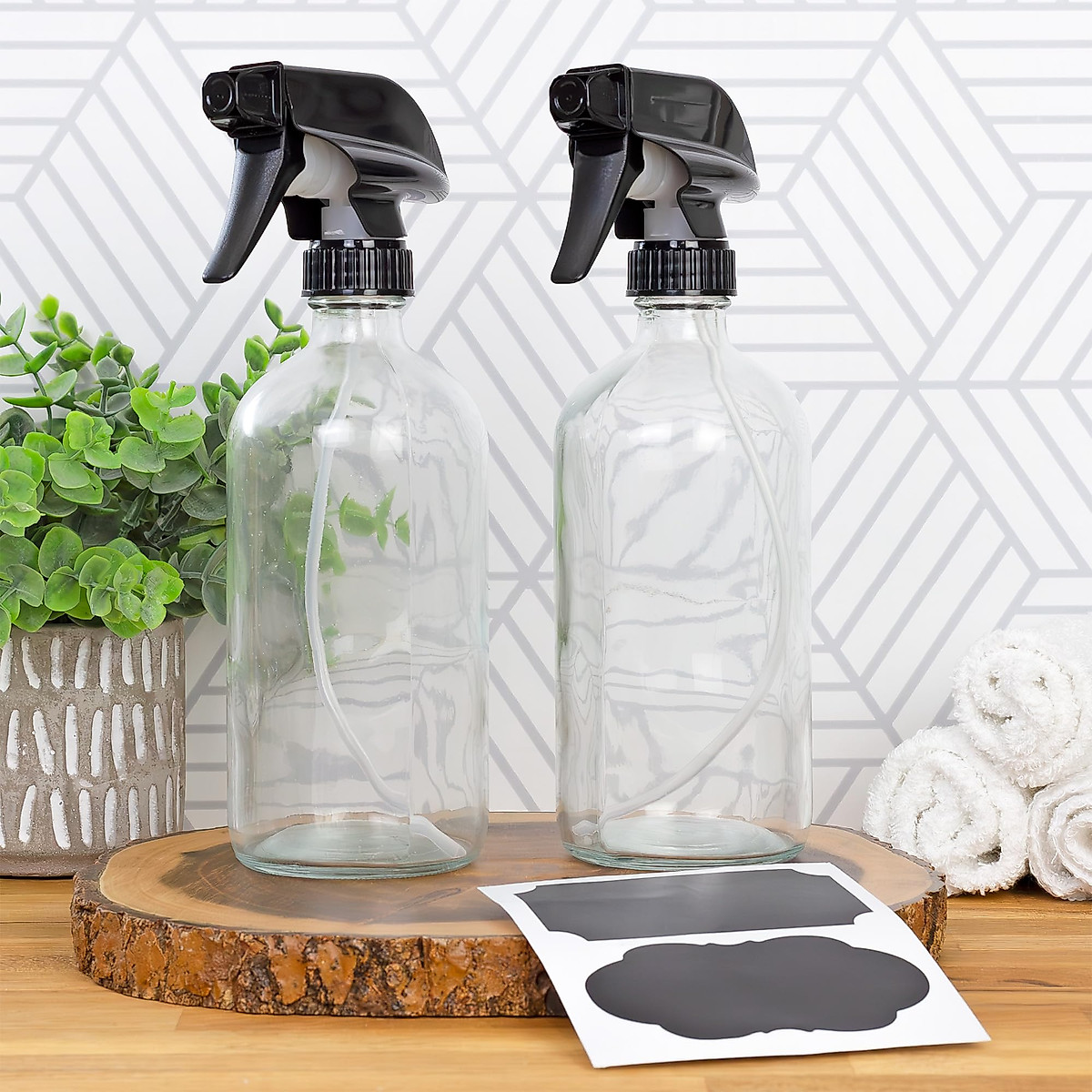 Cornucopia 16oz Clear Glass Spray Bottles w/Chalk Labels (2 Pack); Boston Round Bottles with 3-Setting Adjustable Heavy Duty Sprayers