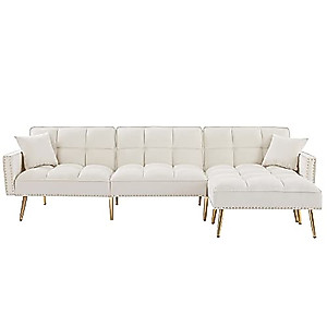 Ucloveria Sectional Sofa Couch, Convertible L-Shaped Sofa Bed with Adjustable Backrest & Movable Ottoman & 2 Toss Pillows, 3 in 1 Multi-Function Sleeper Sofa for Living Room Bedroom, Cream White