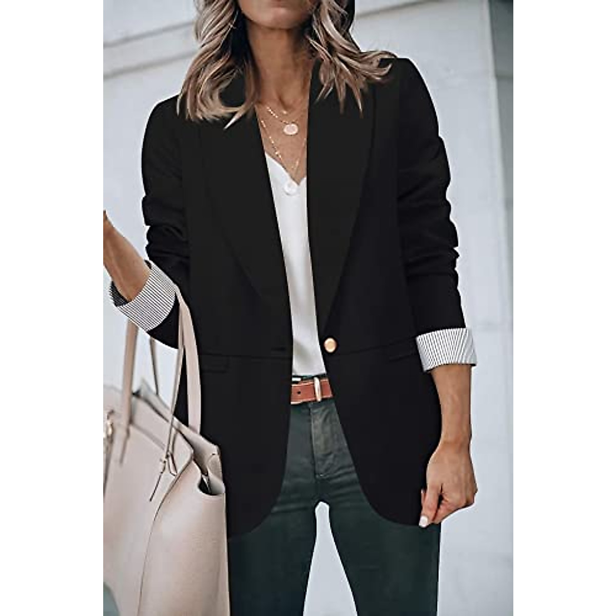 Genhoo Women's Blazers & Suit Jackets Open Front Button Blazer Long Sleeve Work Office Cardigan Jacket Black XL