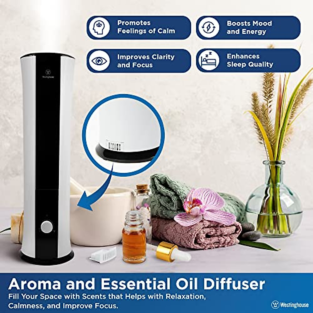 Westinghouse 28-inch Cool Mist Ultrasonic Tower Humidifier, 6L Top Fill Air Humidifier with Essential Oil Diffuser, Adjustable Mist Volume for Large Bedrooms