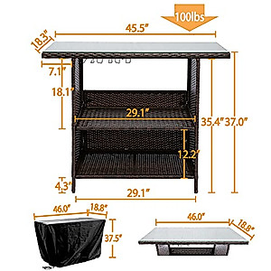 FOOWIN PE Wicker Bar Counter, 3 in 1 Glass Top Outdoor Patio Bar Table w/ 3 Steel Shelves, Rattan Bar Counter w/ 3 Sets of Rails, Gift Waterproof Cover and Dust Tablecloth for Garden Patio