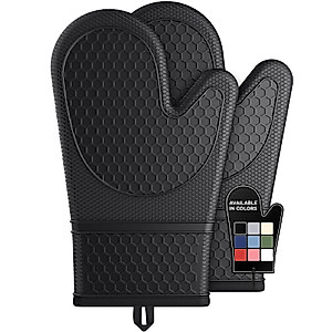 Kitsure Silicone Oven Mitts, Set of 2, Heat Resistant, Oven Gloves with Soft Lining, Non-Slip Kitchen Essentials, Kitchen Gadgets, Apartment Essentials, Great Gift for Cooking, Baking, Black