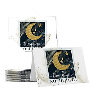 Paper Clever Party Star and Moon Thank You Cards with Envelopes - 25 Pack - Cosmic Design for All Occasions: Showers, Weddings, Graduations & Everyday Essentials - Folded Navy and Gold Set