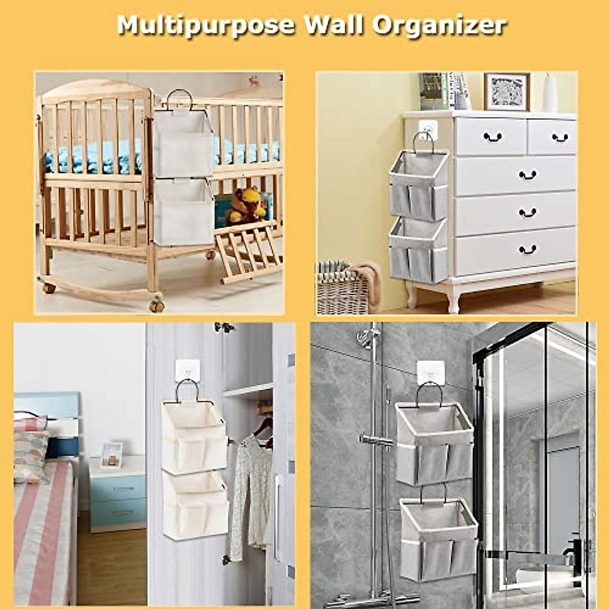 Speusurea 4 Pack White and Gray Wall Hanging Storage Bag Bathroom Closet Hanging Organizer Bag Waterproof Storage Basket with Sticky Hook Contton Linen Over The Door Hanging Organizer Box Pocket