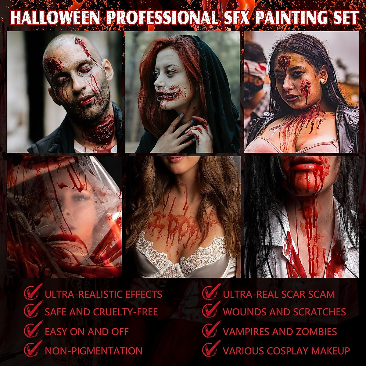 4PCS Halloween Fake Blood Makeup Kit, [Coagulated Blood + Fake Blood Spray 60ML + Dripping Blood 60ML + Black Stipple Sponge], Fake Blood Washable for Clothes Face SFX Wound, Vampire