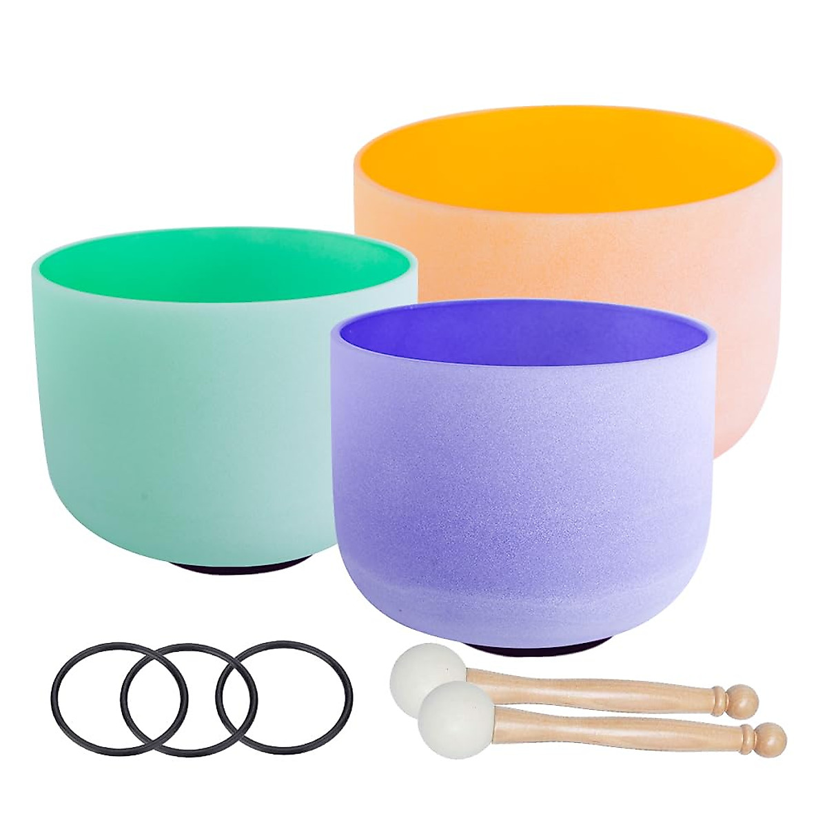 ENERGYSOUND 432 Hz Chakra set of 3 PCS Frosted 11" D, 9" F, 7" B Colored Quartz Crystal Singing Bowl