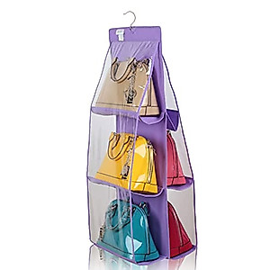 Express Living Closet Purse Organizer Storage, Hanging Handbag Organizer Foldable Dustproof Breathable Women Purse Hanger for Family Wardrobe Bedroom Closet Office 6 Pockets (46 x 15cm) Purple