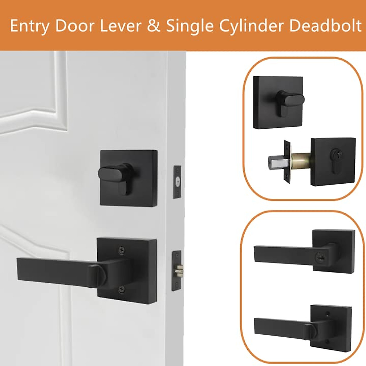 Probrico Square Entry Levers and Single Cylinder Deadbolts Combo Pack, Flat Black Keyed Alike Heavy Duty Keyed Entry Handles Locksets Reversible for Right and Left Side, 2 Pack(All Same Keys)