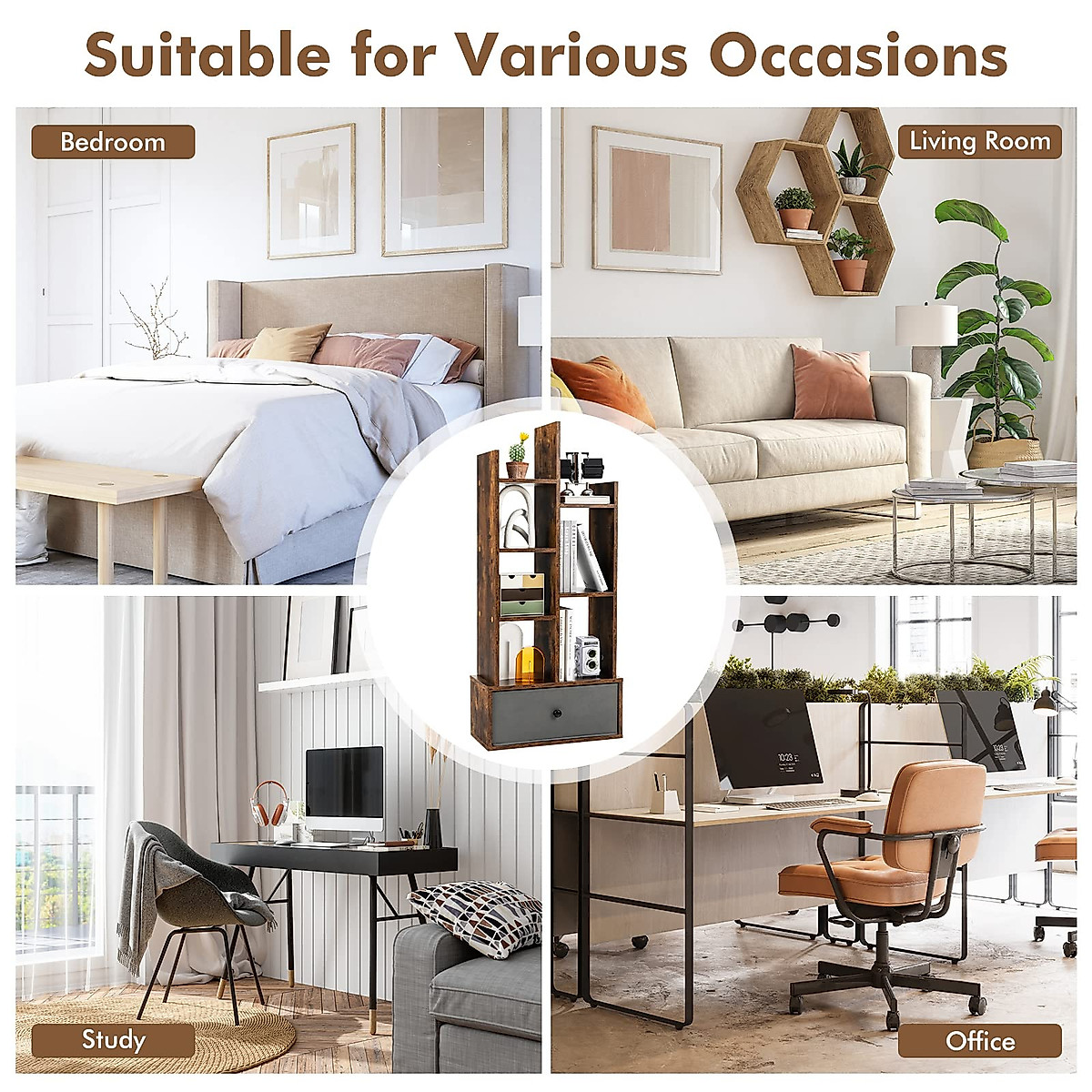 LOKO Rustic Bookshelf with Drawer, Industrial 3 Shelf Bookcase with Anti-toppling Device and 7 Open Compartments, Freestanding Vintage Wooden Book Shelf for Bedroom, Living Room (Rustic Brown)