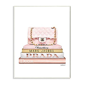 Stupell Industries Fashion Designer Purse Bookstack Pink White Gold Watercolor Wall Plaque Art, 13 x 19, Multi-Color