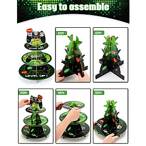 WERNNSAI Video Game Cupcake Stand - 3-Tier Gaming Party Decorations for Boys Cardboard Cupcake Holder Round Serving Tray Stand Dessert Tower Video Game Theme Birthday Party Supplies