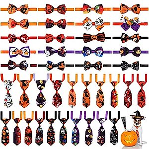 40 Pieces Halloween Pet Neckties and Bow Ties Collars Set Adjustable Pumpkin Skull Cat Bowties Dog Ties with Adjustable Collar Halloween Pet Costume for Dogs Puppies Cats Holiday Daily Wearing