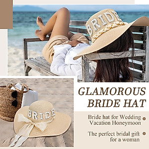 Cozypower Bride Sun Hat Wide Brim Straw Hat Floppy Bride Beach Hat for Women Bridal Honeymoon Wedding Party Engagement (Beige)