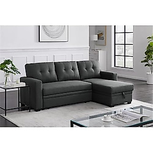 Pemberly Row L-Shaped Transitional Polyester Fabric Reversible, Easy Convertible Pull-Out Sleeper Sectional Sofa/Storage Chaise with Tufted Back Cushions and Track Arms in Dark Gray