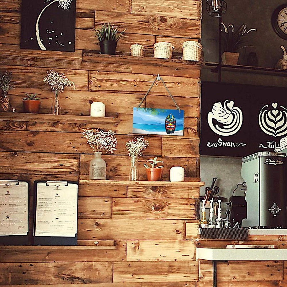 CHARMHOME Wood Hanging Sign Tiki Warrior Mask Design Surfboard on Ocean Beach Gardens Designs Farmhouse Style Wall Decor Wood Sign for Front Door Decorations 8"x4"